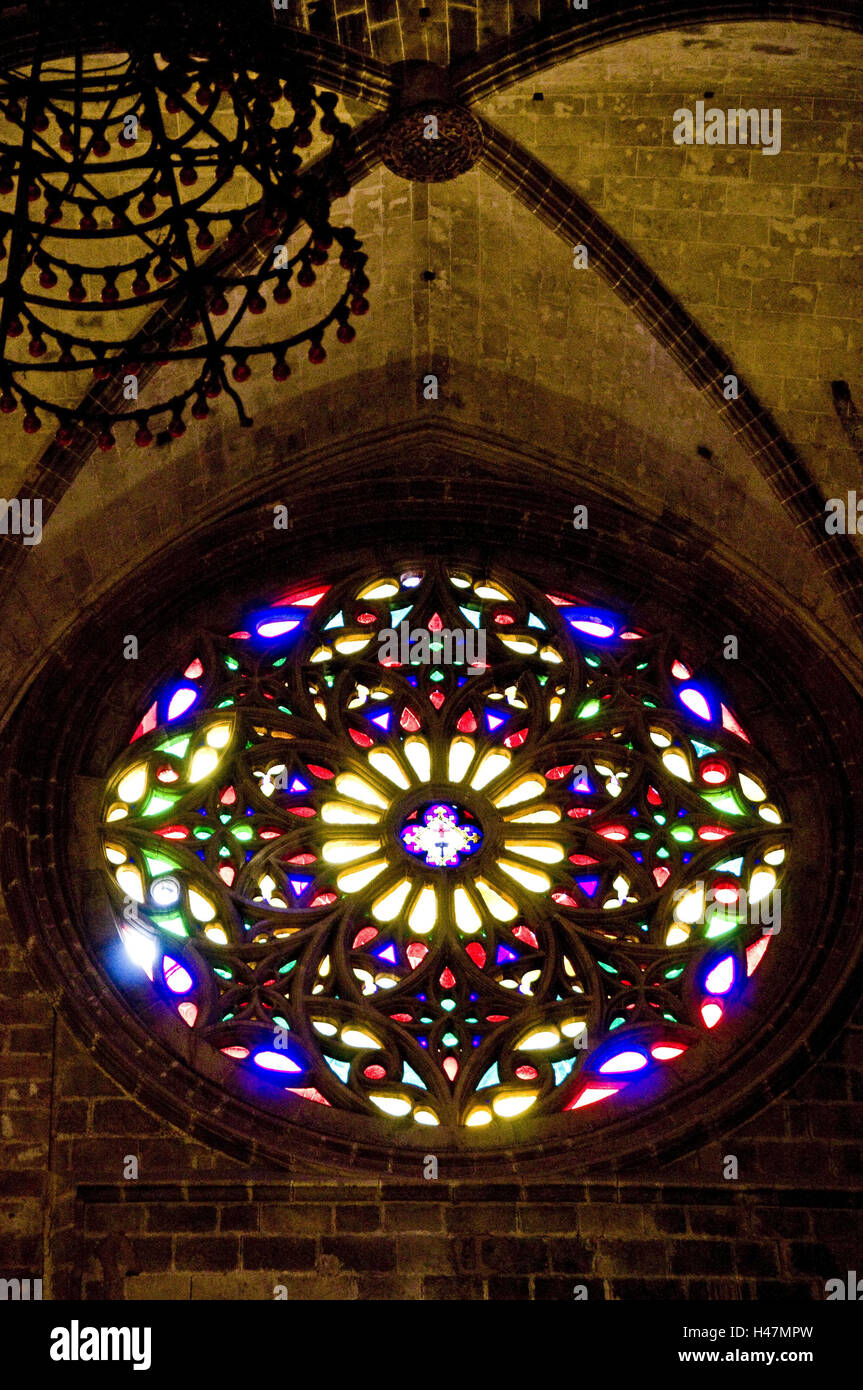 Cathedral, inside, window rosette, brightly, Spain, the Balearic ...