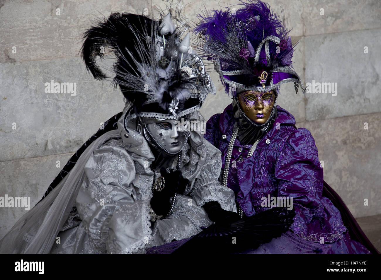 Italy, Venice, carnival, people, two, masks, half portrait, silver ...
