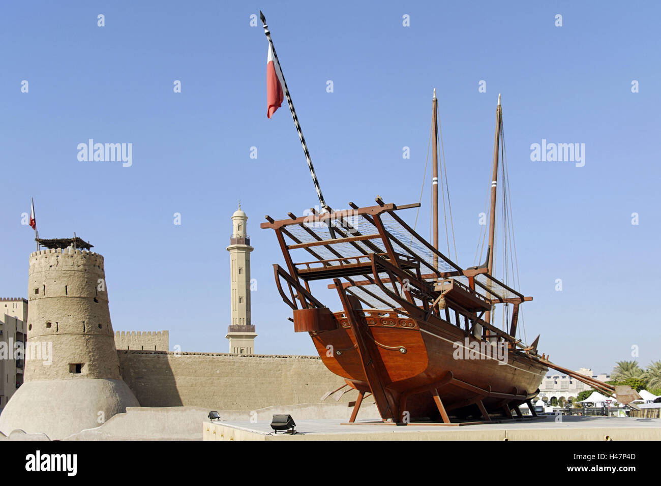 Old merchant ship in front of Dubai museum, Deira, Dubai, United Arab ...
