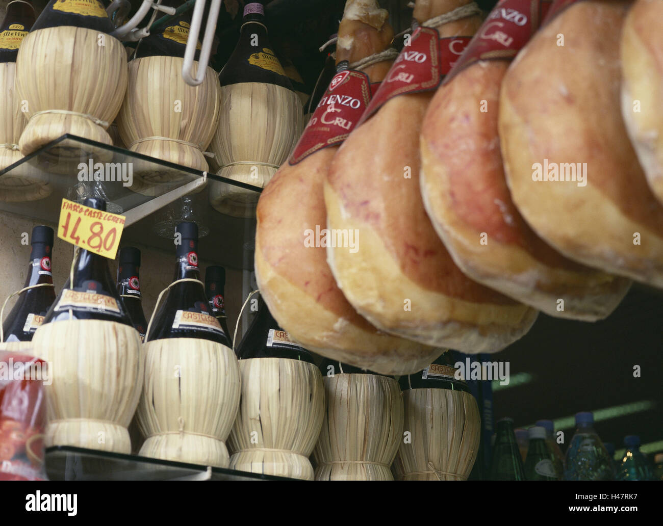 Italy, food shop, ham, wine Bottles, economy, trade, sales, business ...