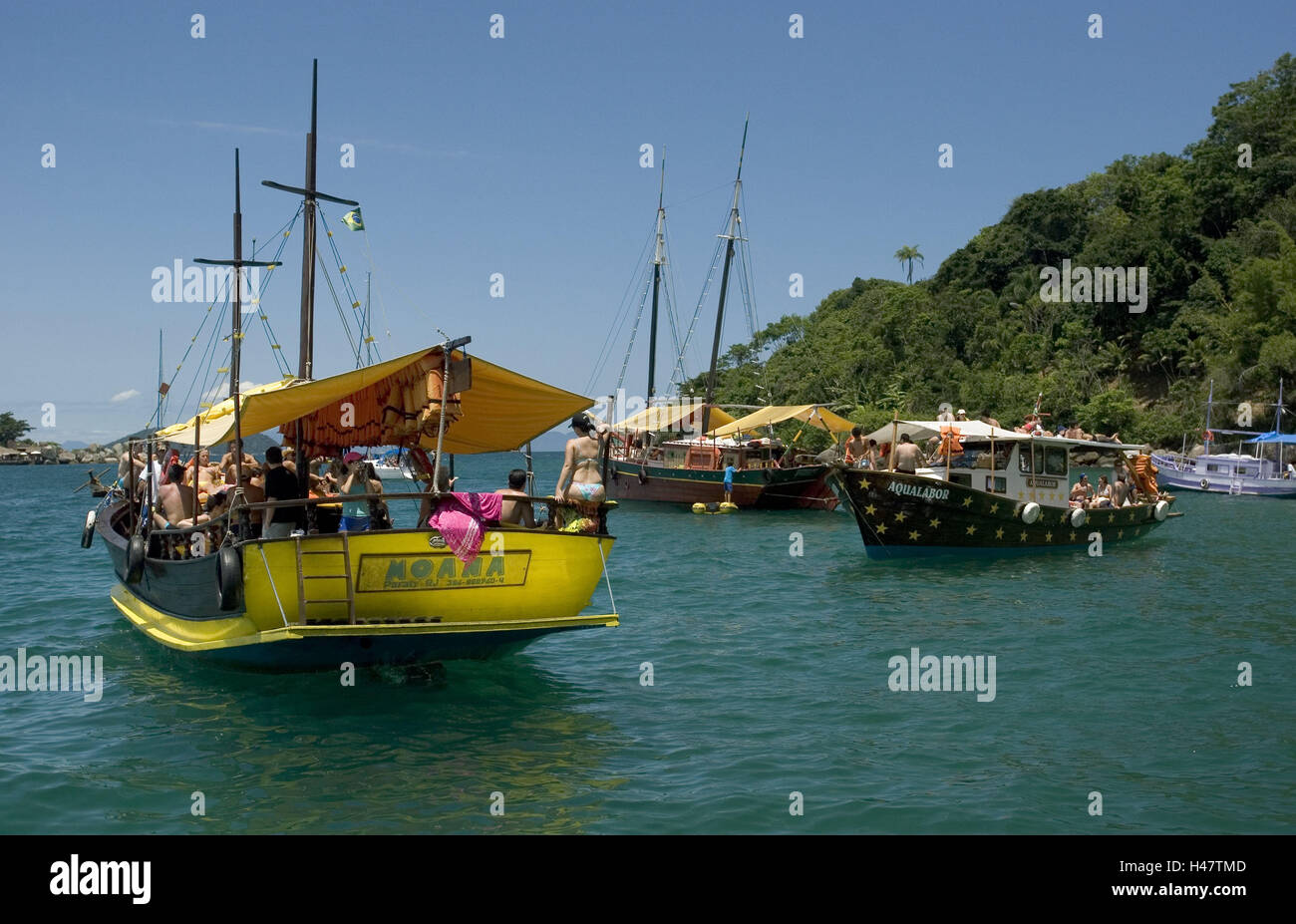Brazil, golf Parati, excursion boats, South America, island, coast ...