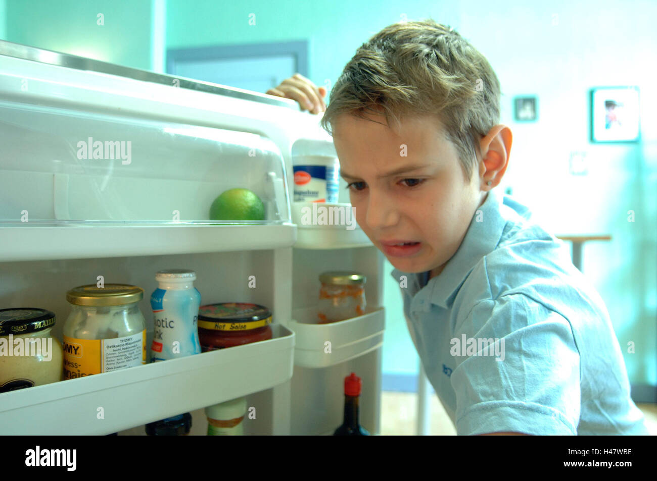 Boy, fridge door, open, facial play, disgust, portrait, person, child ...