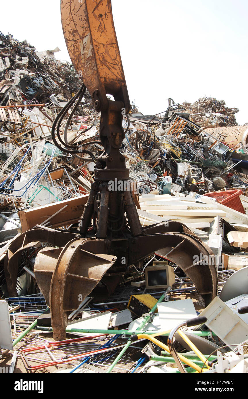 Scrap yard, scrap metal, excavator, grip arm, garbage waste dump, waste ...
