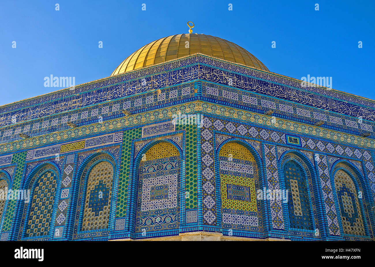 One of the eight corners of the Dome of the Rock, covered with colorful ...