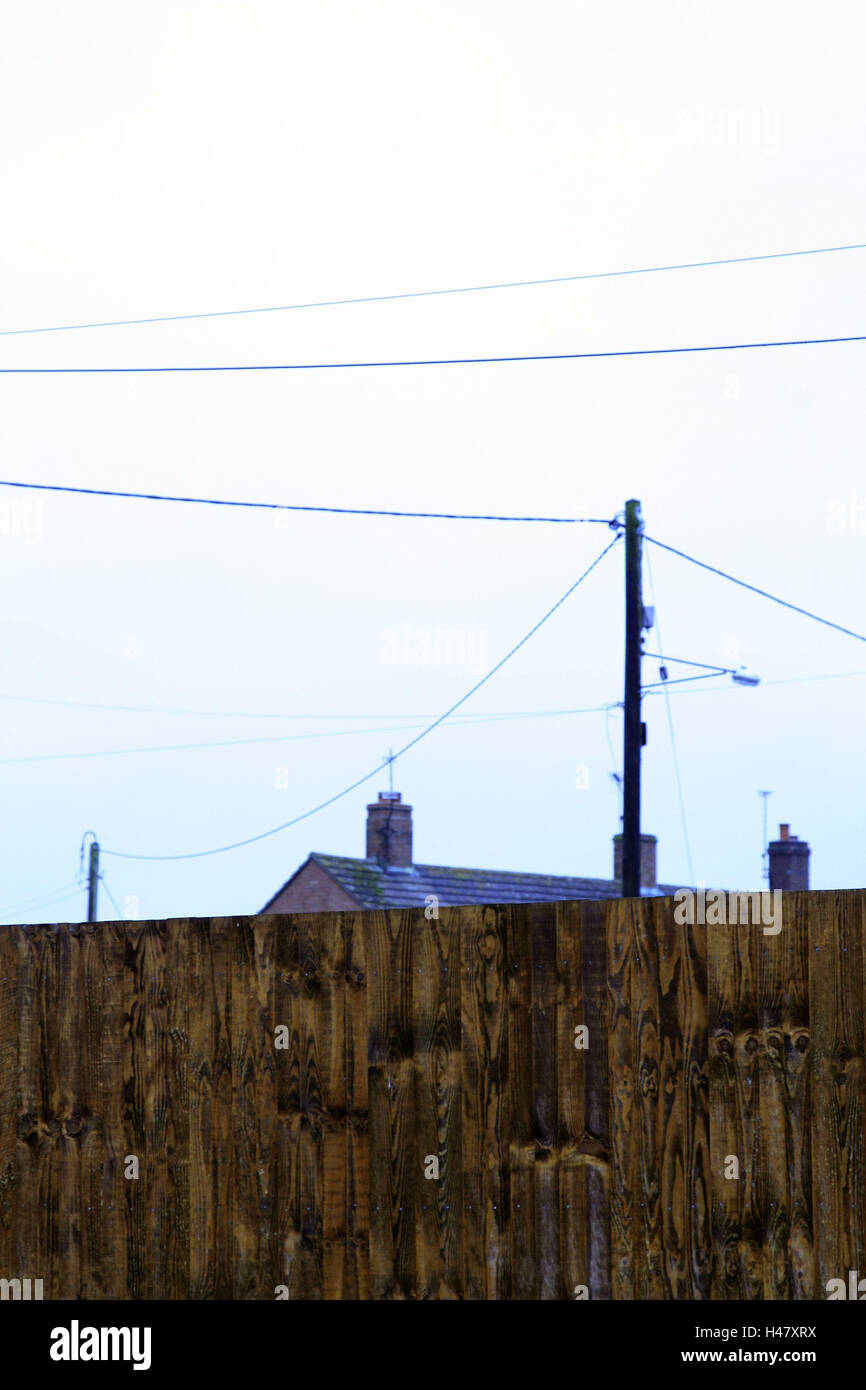UK, Norfolk, Castle Acre, village, houses, fence, power supply lines ...