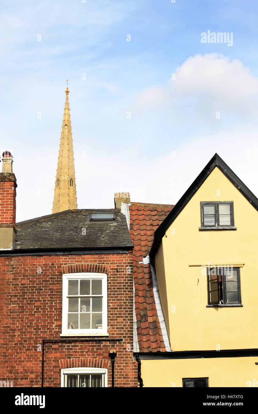 UK, Norfolk, Norwich, row of houses, steeple, detail, England, houses ...