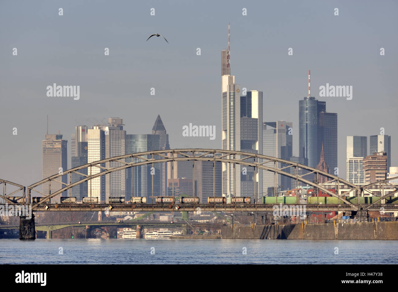 Germany, Hessen, Frankfurt am Main, river, bridge, goods train, skyline ...