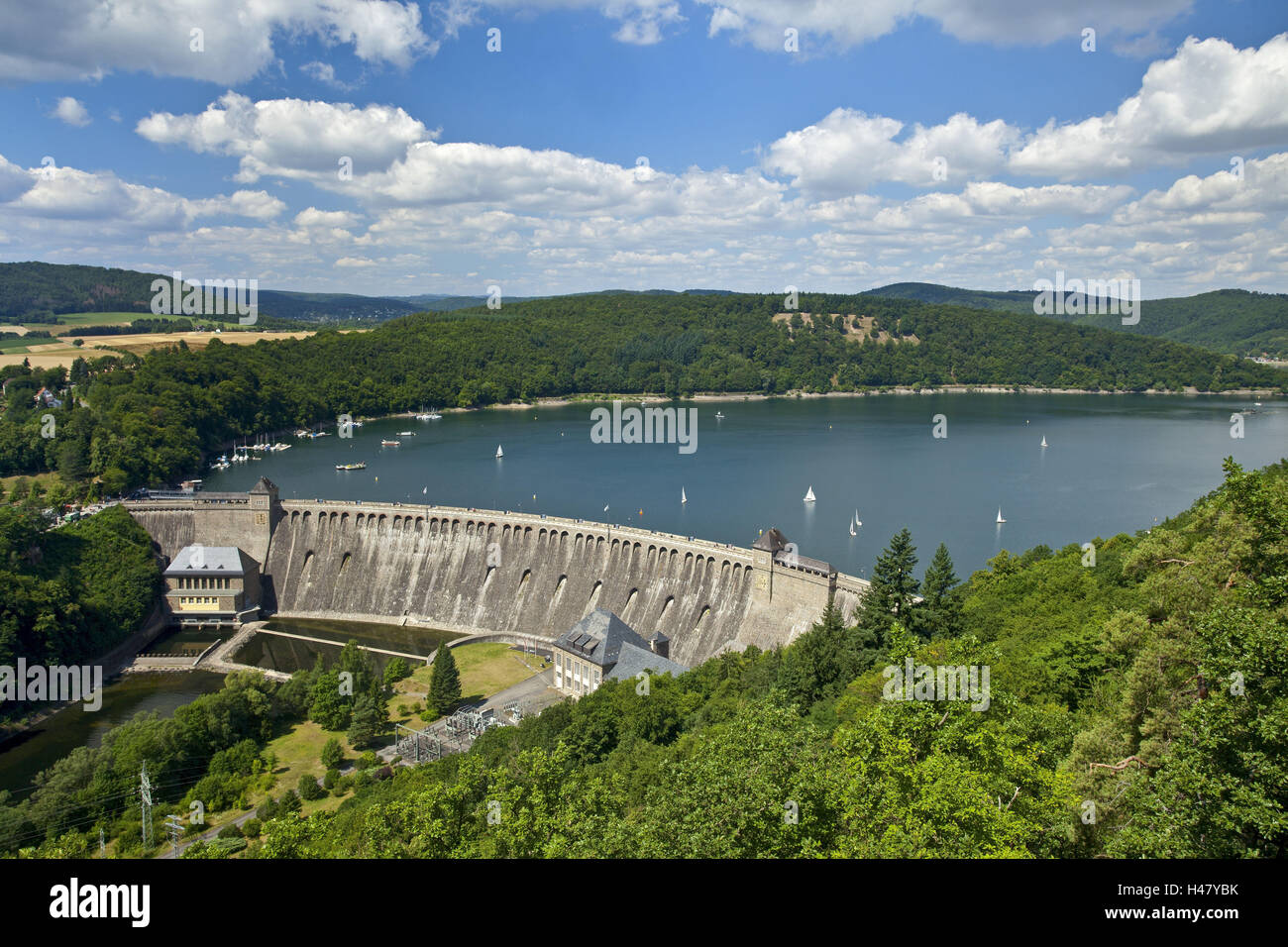 Germany, Hessen, Waldecker Land, Edersee, Eder Dam, panorama, sailboats ...