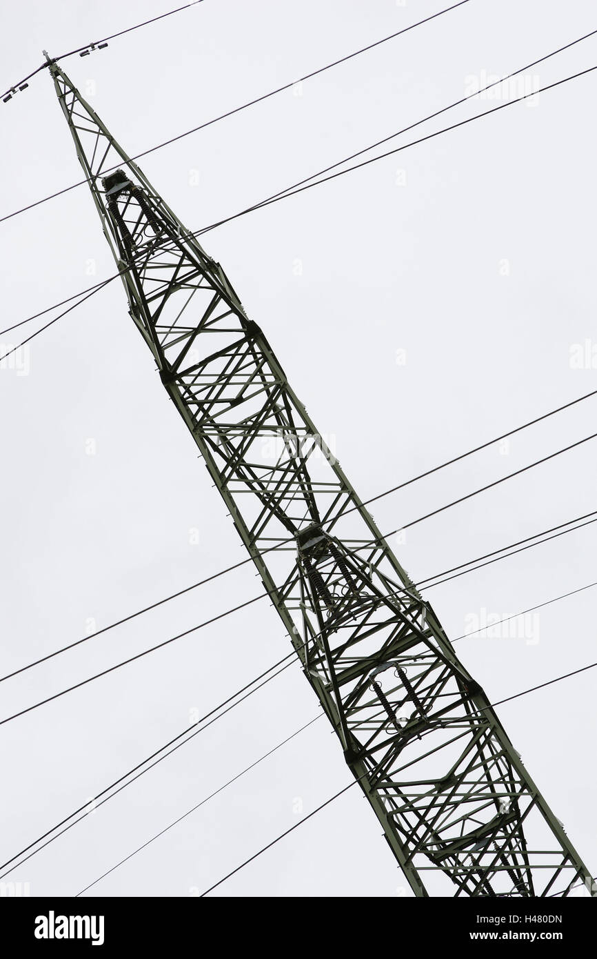 High-voltage poles, from below, power poles, masts, construction, steel ...