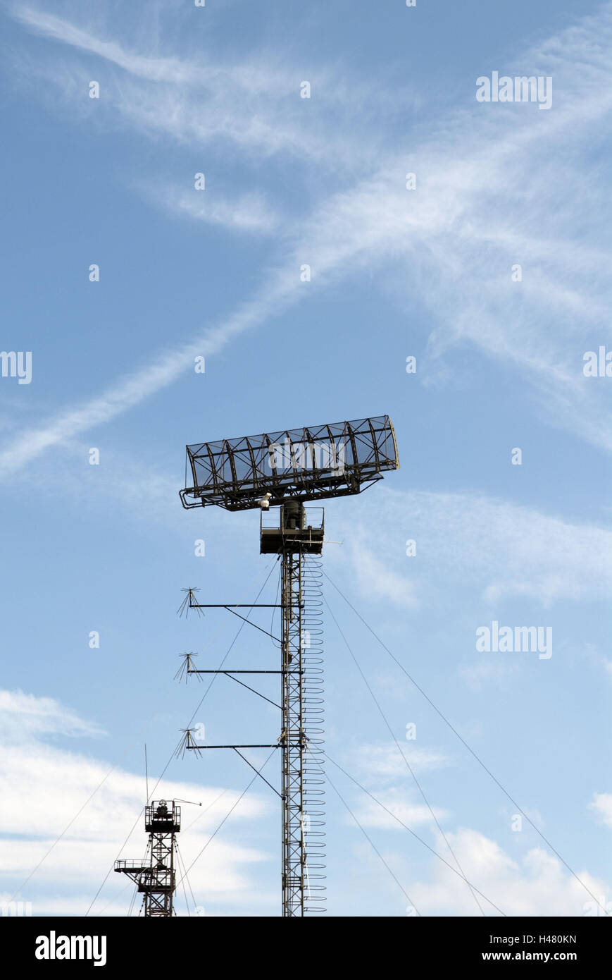 Radar station, radar plant, masts, aerial, guy cables, heavens, blue ...