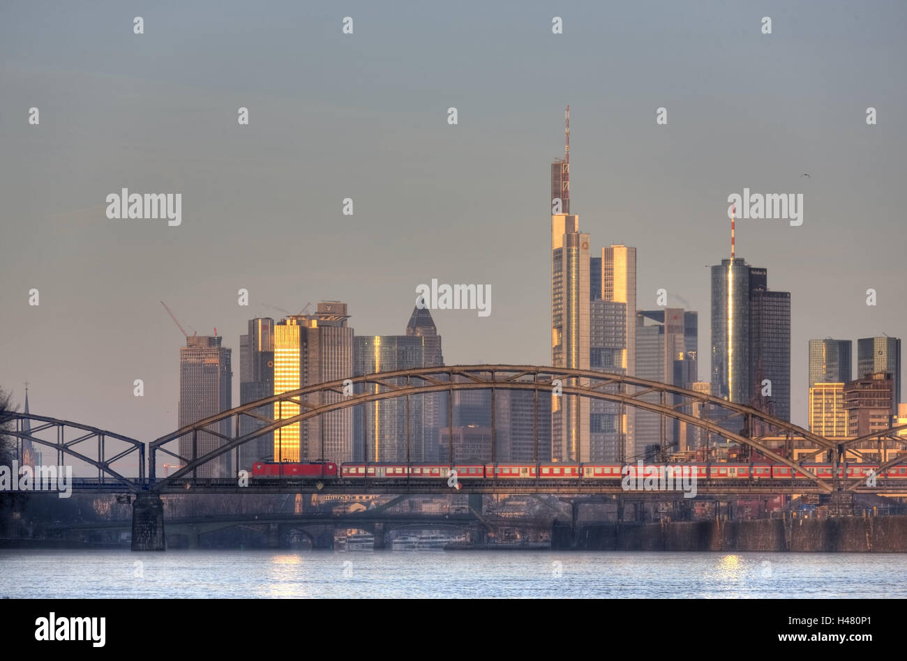 Germany, Hessen, Frankfurt am Main, river, bridge, train, skyline, rail ...