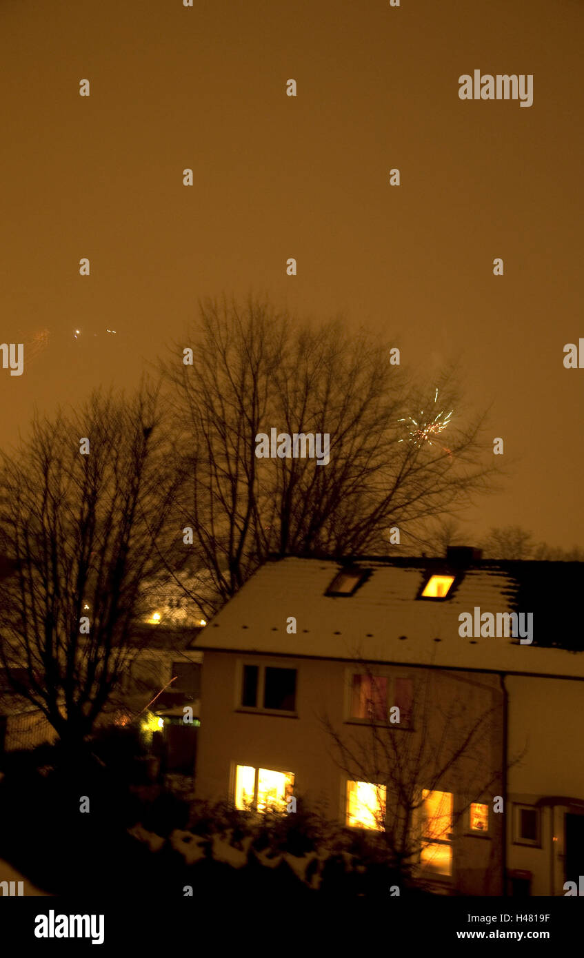 New Year's Eve, fireworks, house Stock Photo - Alamy