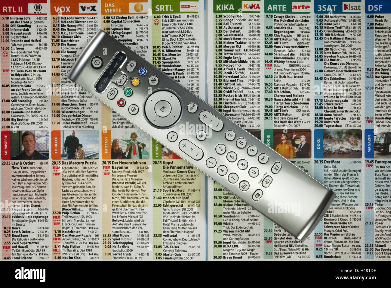 Remote control lies on TV magazine Stock Photo - Alamy