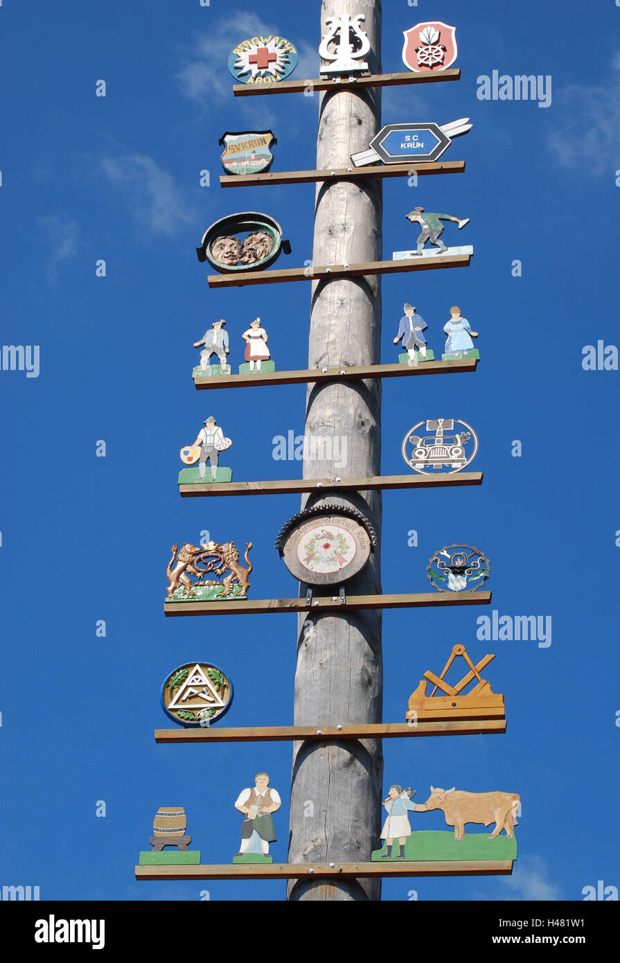 Germany, Upper Bavaria, Krün, maypole, detail, South Germany ...