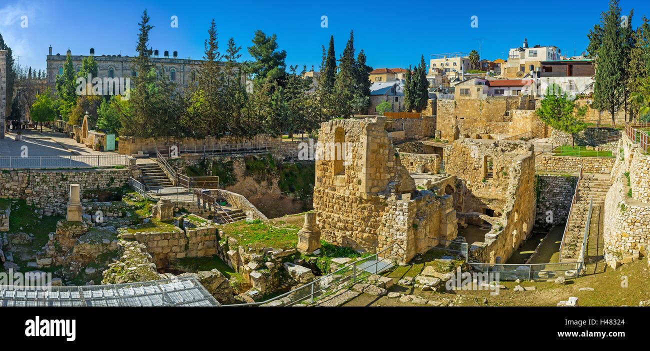 Panorama of the Bethesda Pool archaeological site with the ruins of the ...