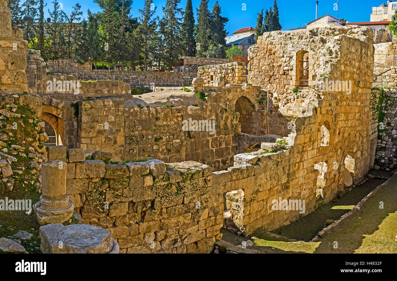 The stone walls of the ruined Byzantine Basilica at the archaeological ...