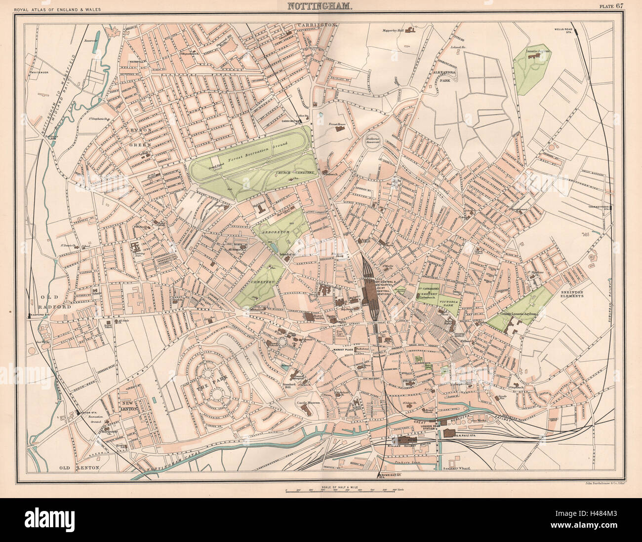 NOTTINGHAM antique town city plan. BARTHOLOMEW 1898 old map chart Stock ...
