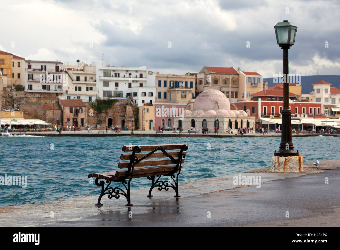 Greece, Crete, Chania, Venetian harbour, waterside promenade, bench ...