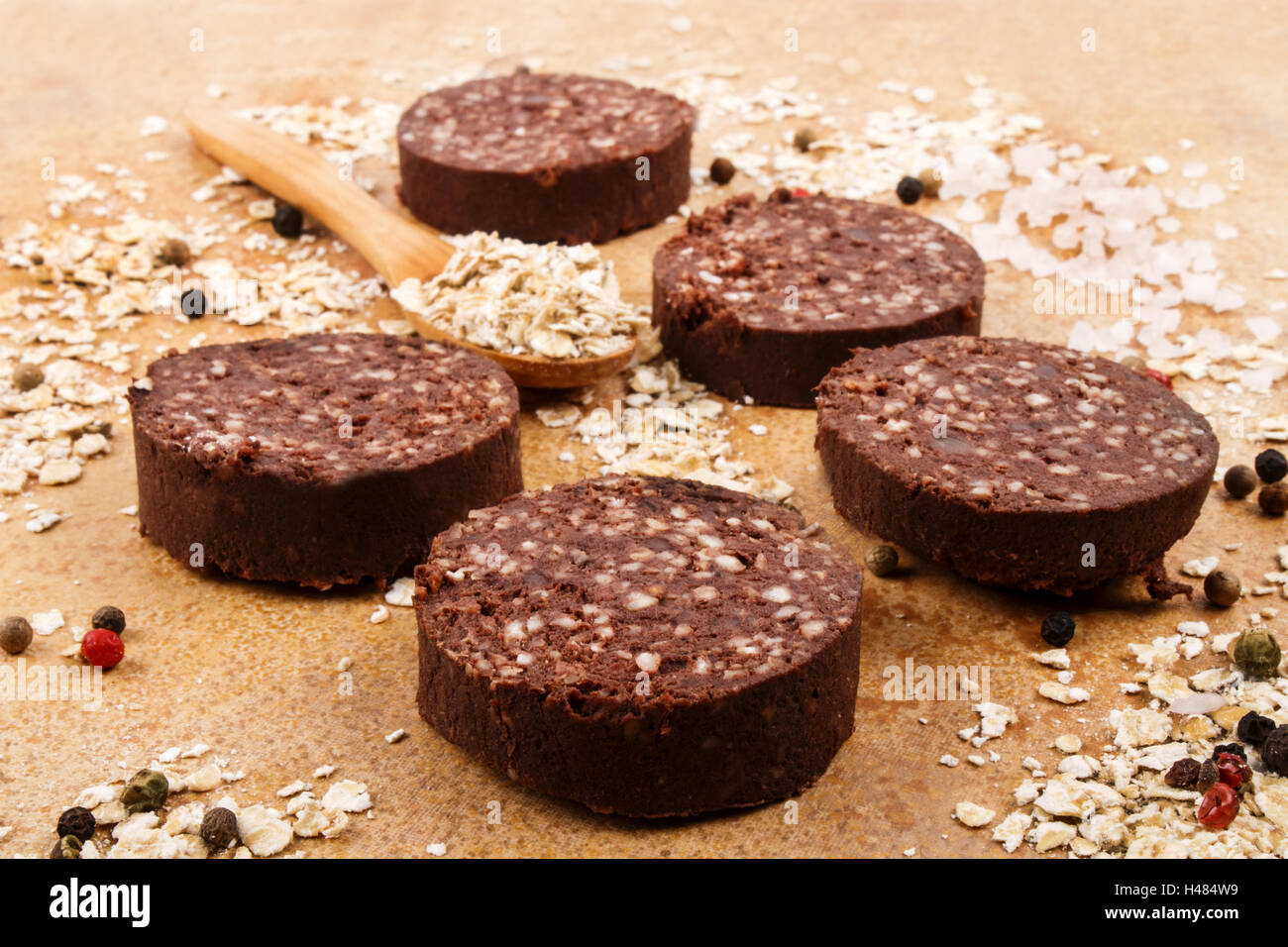 irish home made black pudding with oatmeal, black peppercorn and coarse ...
