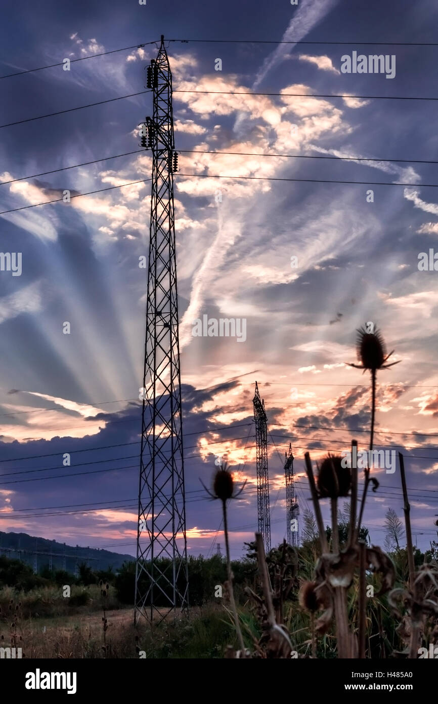 High voltage power towers and power lines sunset Stock Photo - Alamy