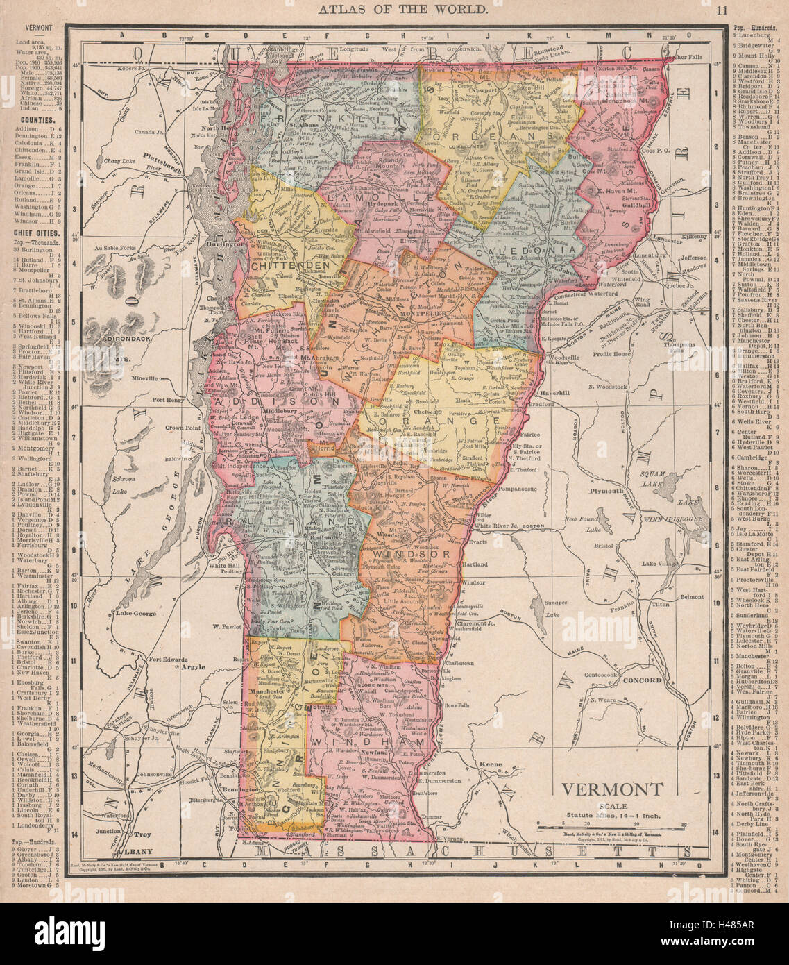 Vermont state map showing counties. RAND MCNALLY 1912 old antique chart ...