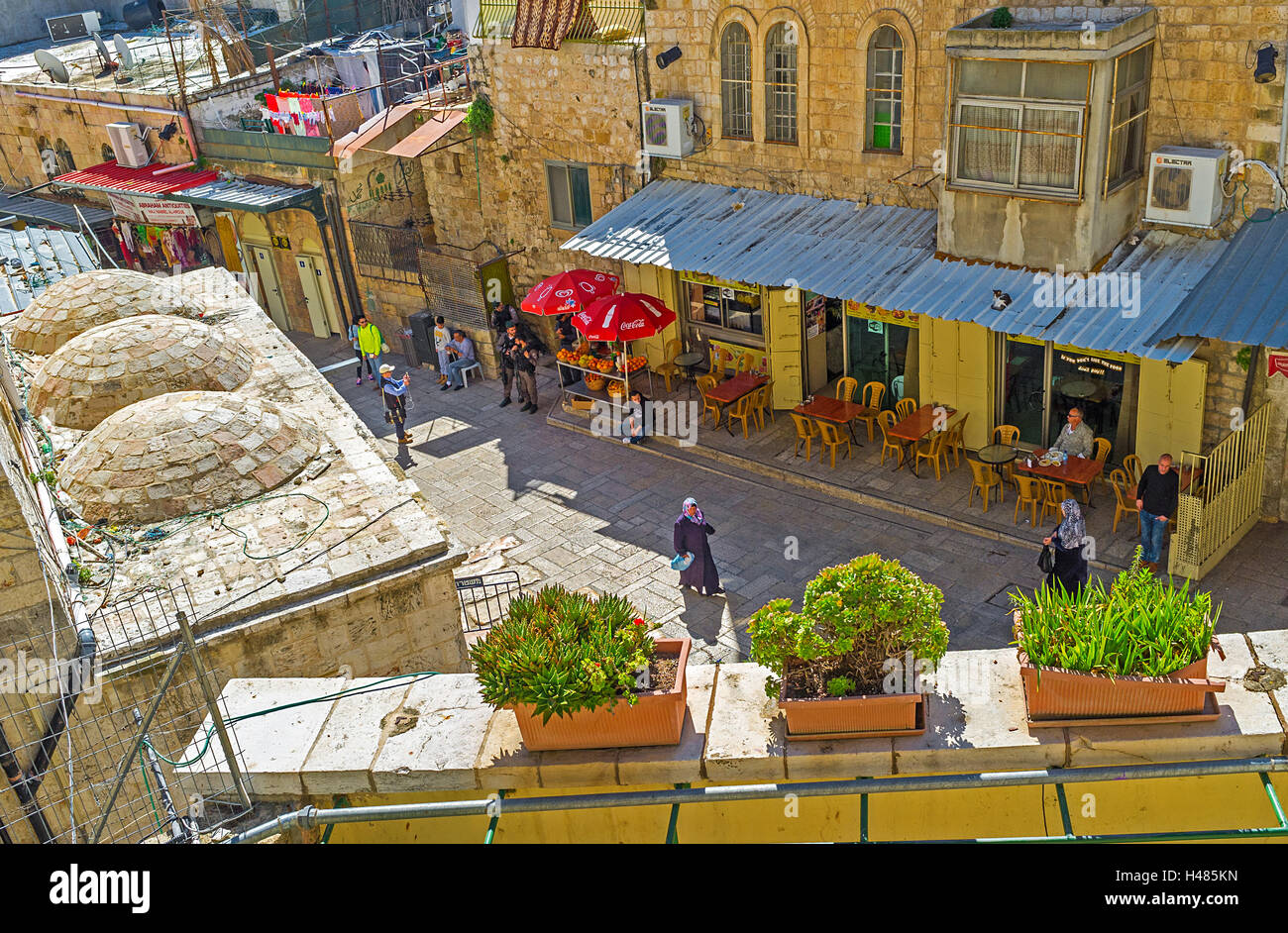 The view on cozy cafes of Via Dolorosa street from the terrace of ...