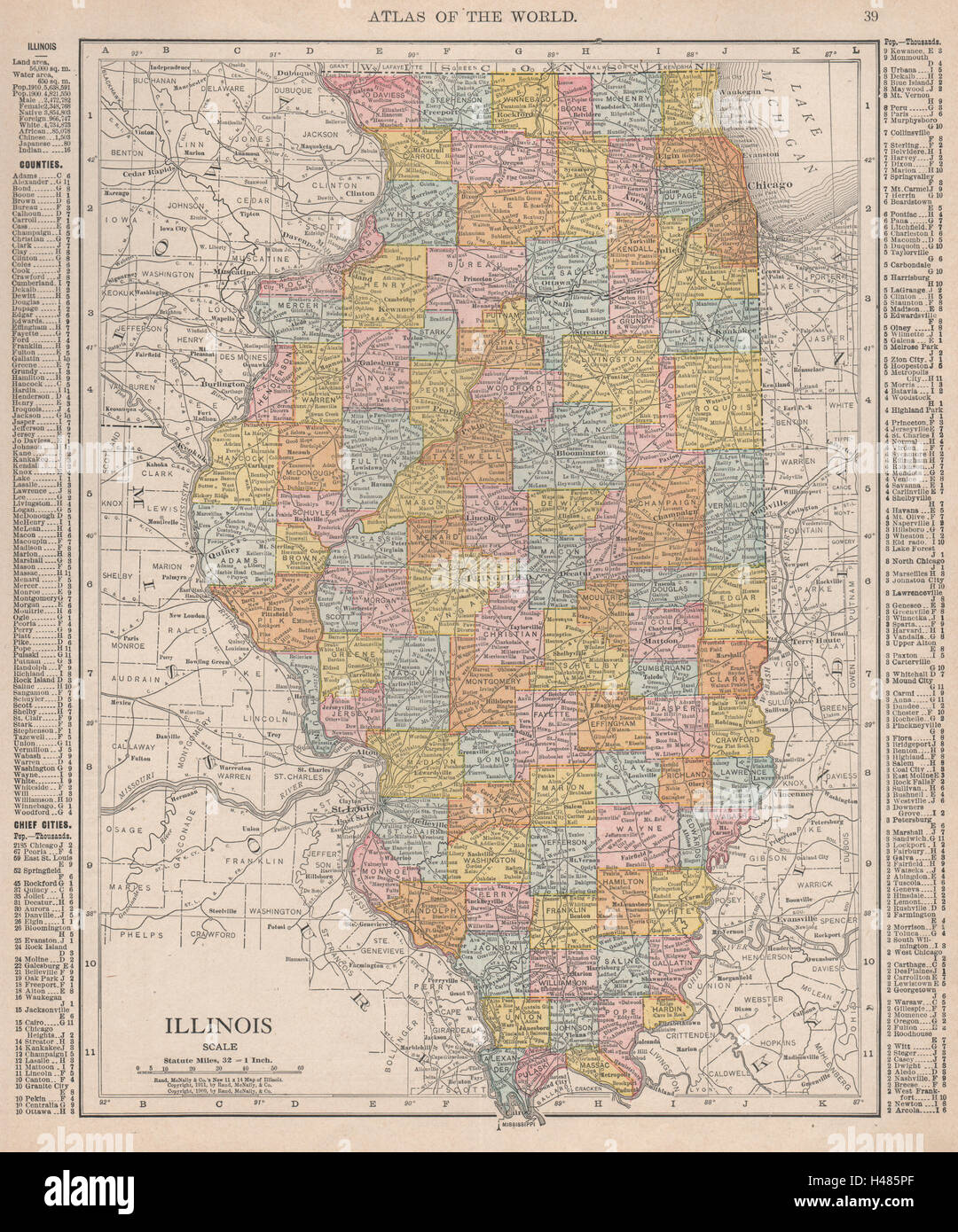 Illinois state map showing counties. RAND MCNALLY 1912 old antique ...