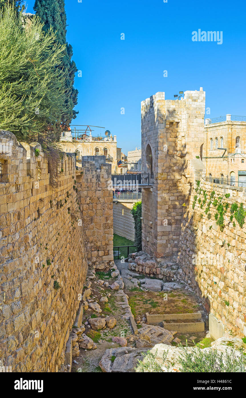 The deep moat of the King David's citadel with the small bridge ...