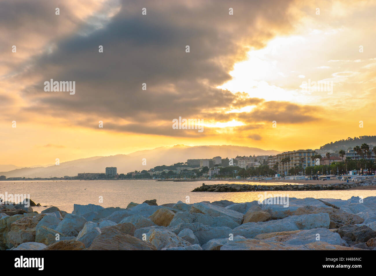 The beautiful sunset over the Croisette beach of Cannes, France Stock ...