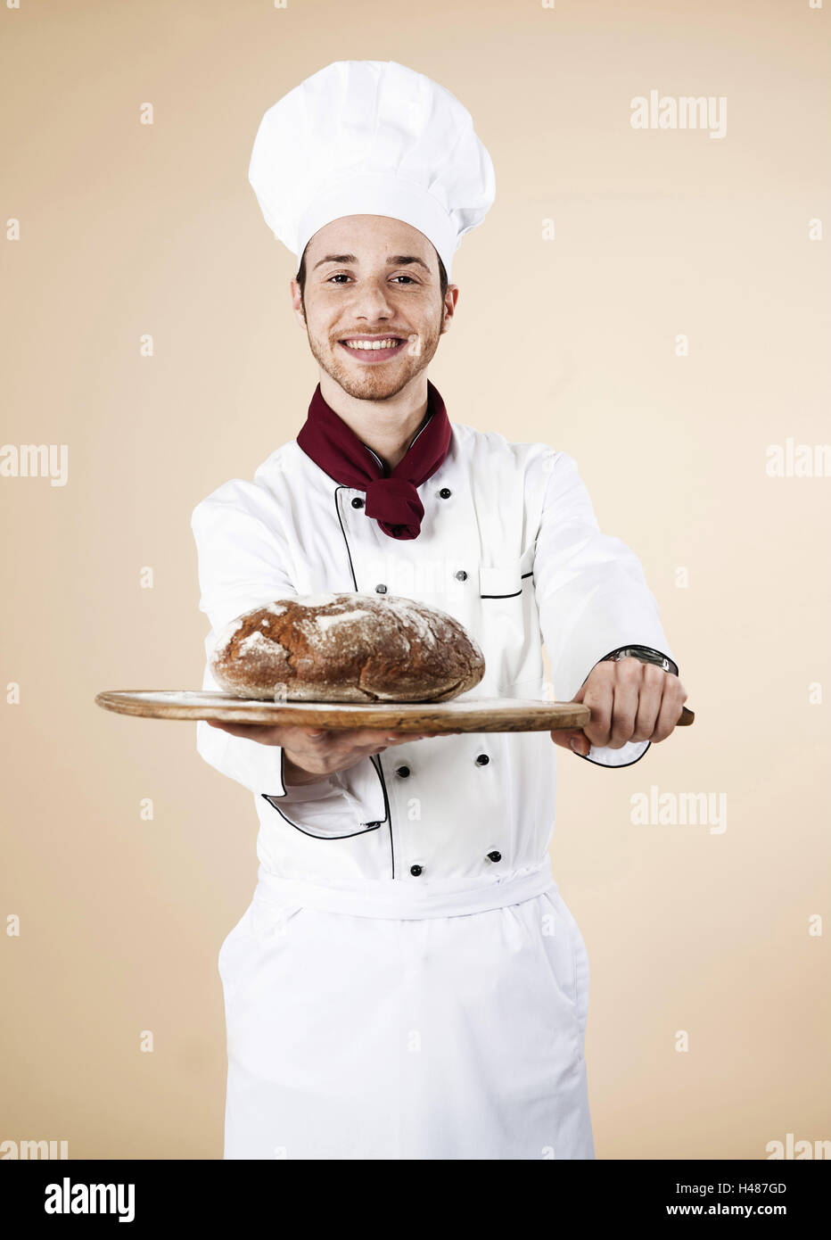 Cook, young, view present camera, bread, portrait, person, man ...