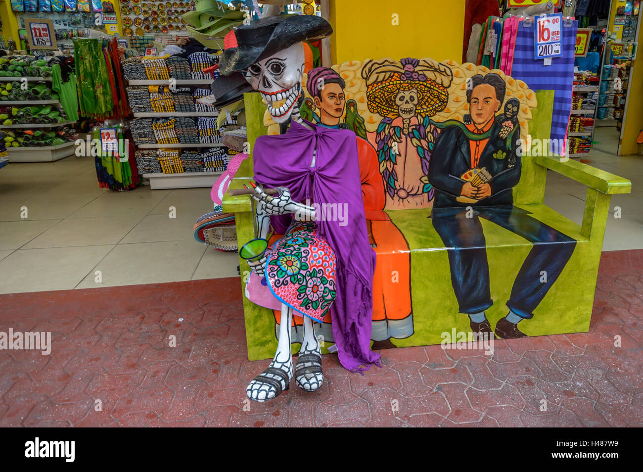 Skeleton at the door of a shop in Playa del Carmen, Mexico Stock Photo ...