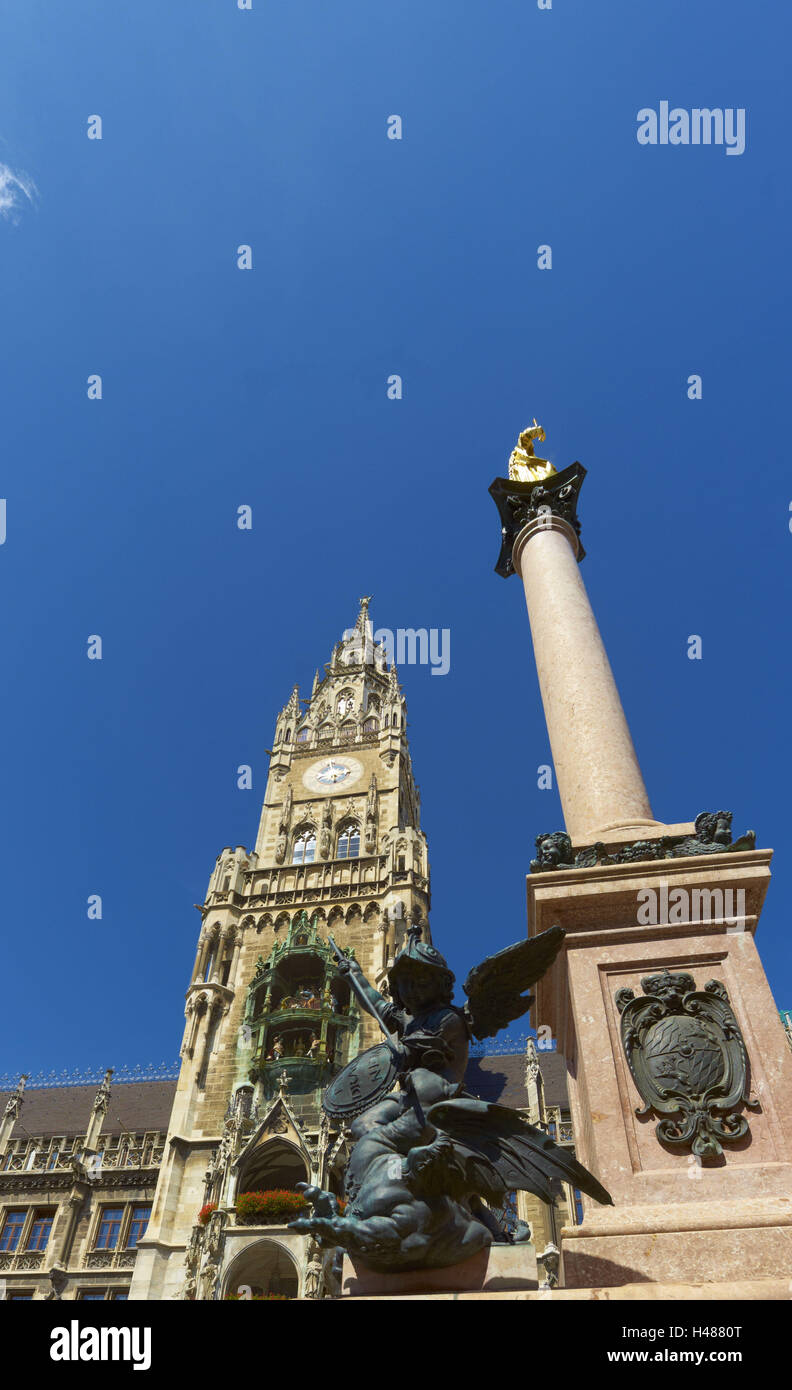 Germany, Bavaria, Munich, city hall tower, Marien's pillar, Marienplatz ...