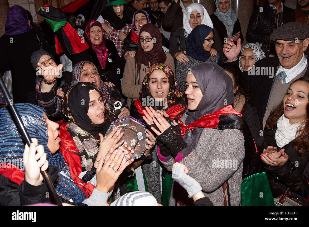 A group of Libyans celebrate outside the Libyan Embassy in London after ...