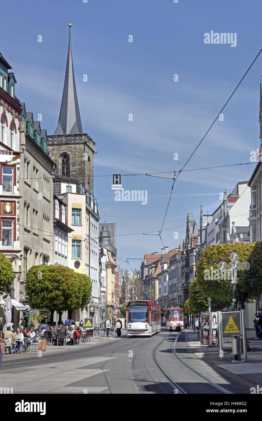 Germany, Thuringia, Erfurt, street, steeple, houses, streetcar ...