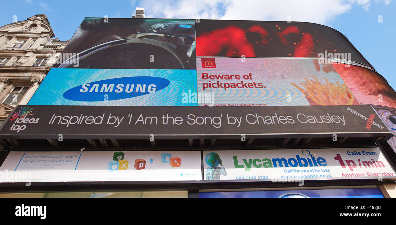 An LED advertising sign at Piccadilly Circus displays interpretations ...