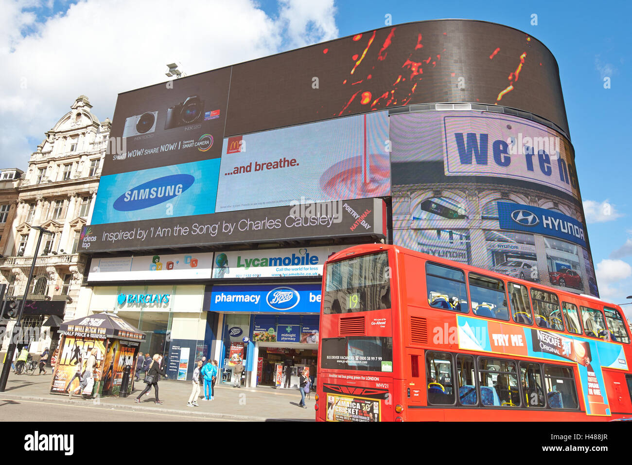 An LED advertising sign at Piccadilly Circus displays interpretations ...