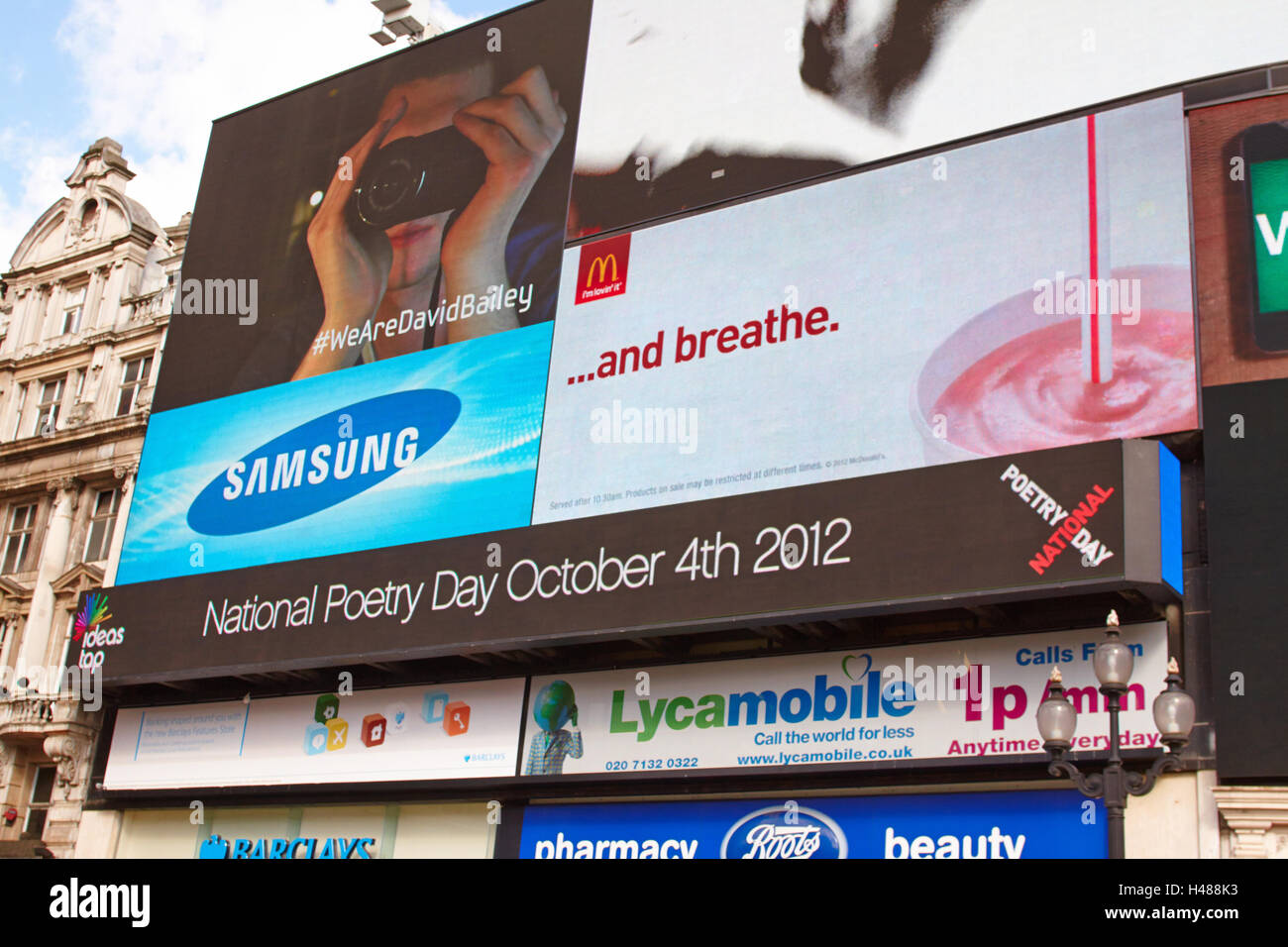 An LED advertising sign at Piccadilly Circus displays interpretations ...