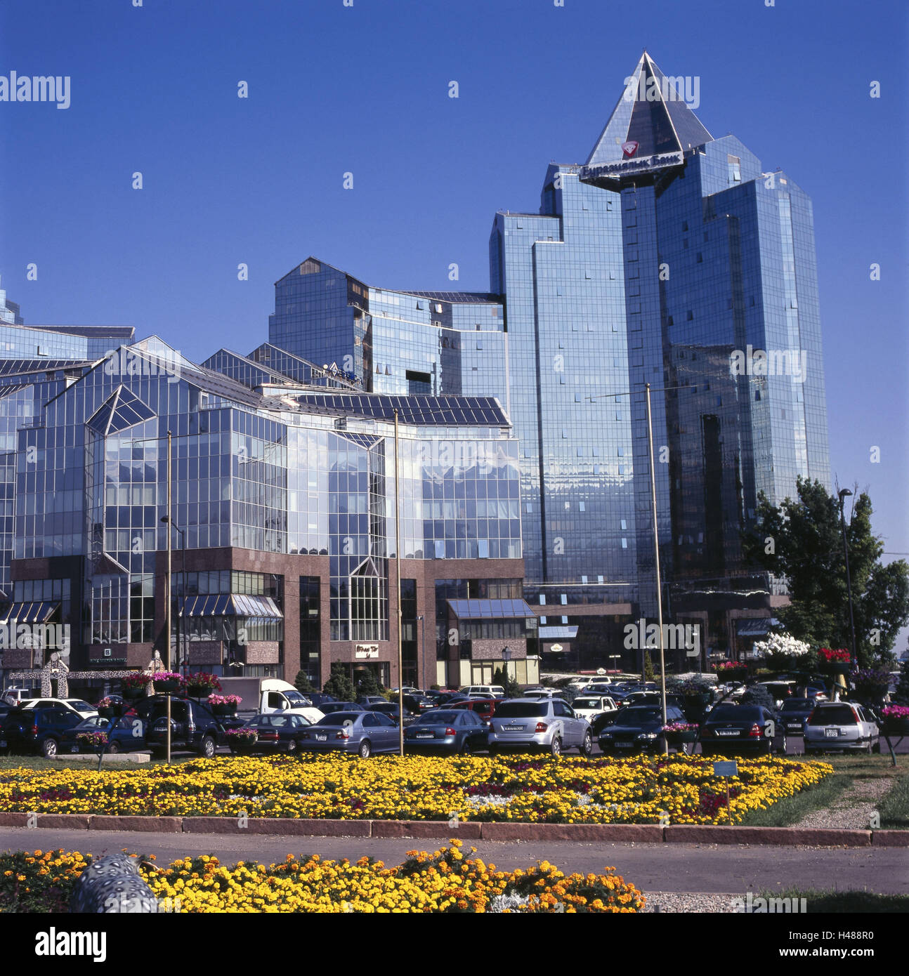Kazakhstan, Almaty, bank, outside, building, facade, glass front ...