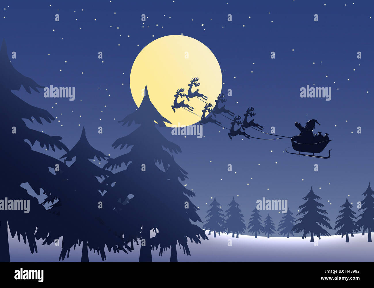 Illustration, Santa Claus, reindeer sleigh, fly, distribute Christmas ...