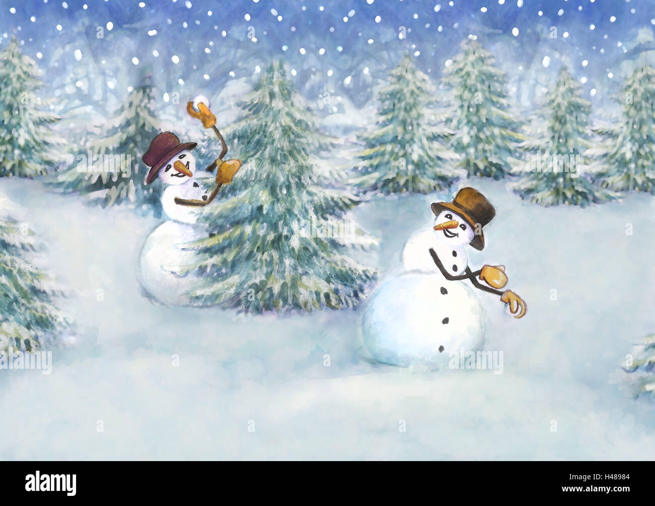 Subscription, wood, snowmen, snowball battle, snowing, illustration ...