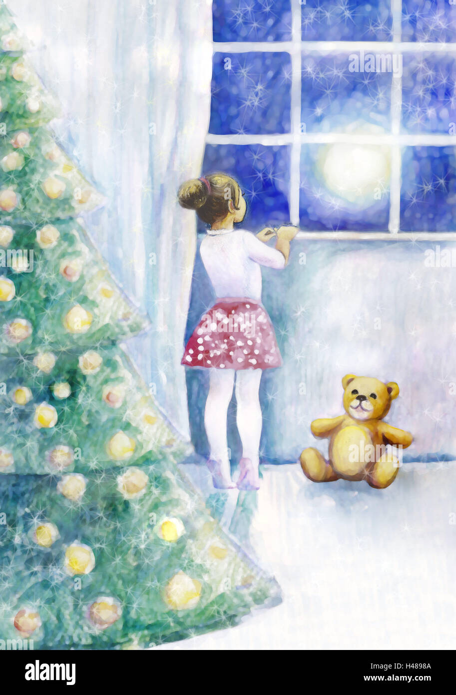 Subscription, Christmas tree, girl, window, look out, wait, Teddy ...