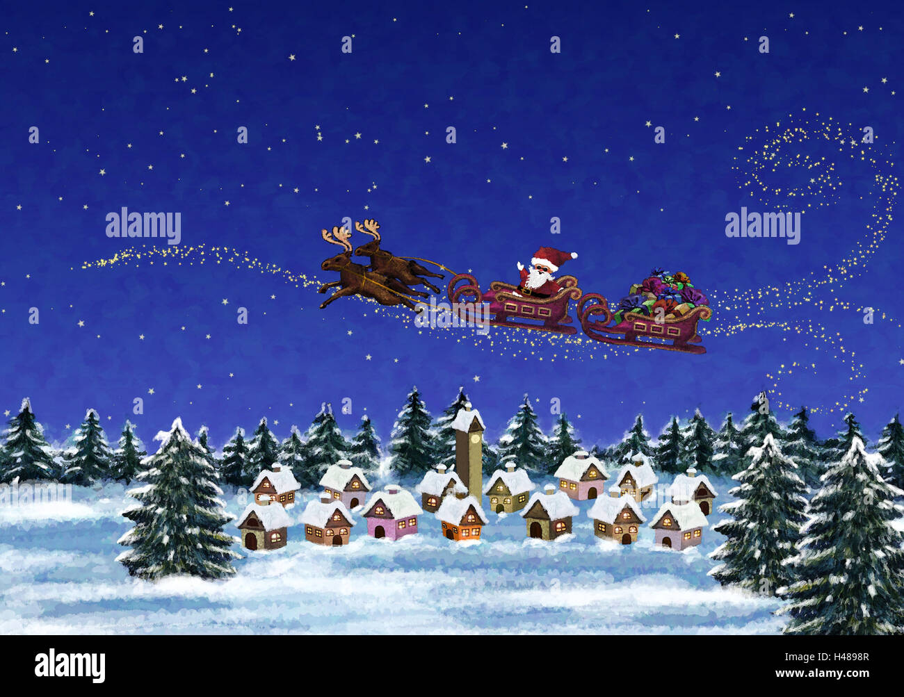 Illustration, village, Santa Claus, reindeer sleigh, fly, distribute ...