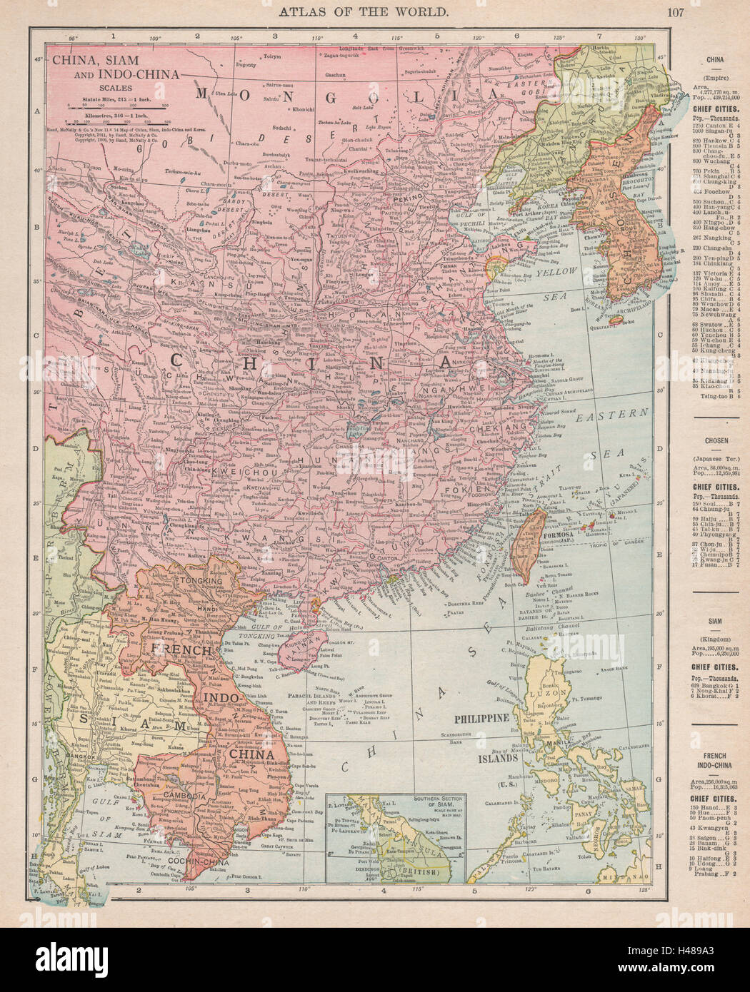 EAST ASIA. China, Siam, French Indo-China & Korea. RAND MCNALLY 1912 ...