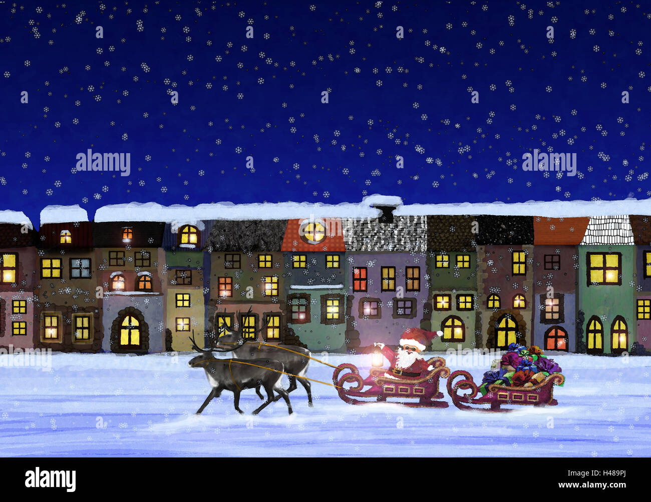 Illustration, houses, Santa Claus, reindeer sleigh, Christmas presents ...