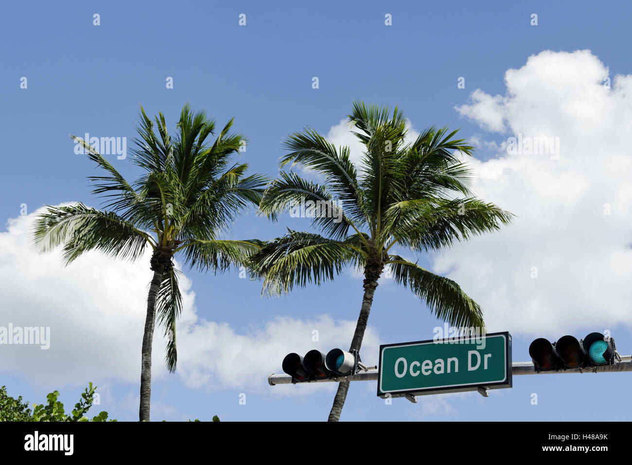 Road sign and green traffic light, Ocean Drive, Miami South Beach, Art ...