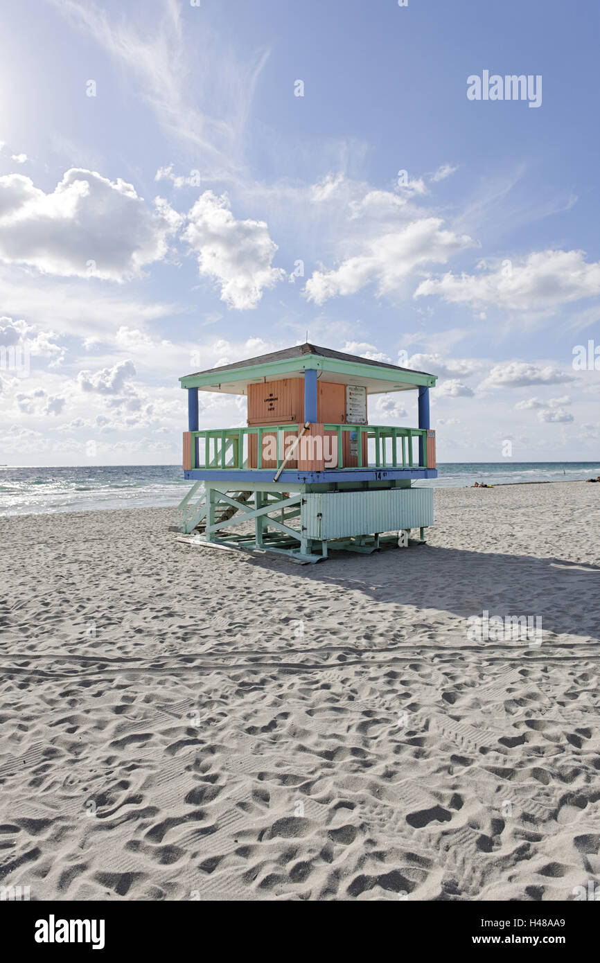 Beach lifeguard tower '14 ST', typical Art Deco design, Atlantic Ocean ...