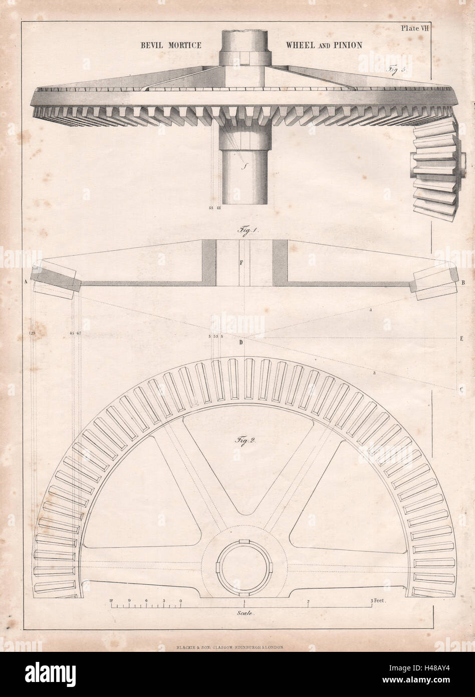 VICTORIAN ENGINEERING DRAWING. Bevil mortice wheel and pinion 1847 old ...