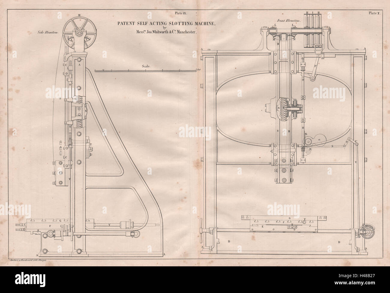 19C ENGINEERING DRAWING. Patent self acting slotting machine. Whitworth ...
