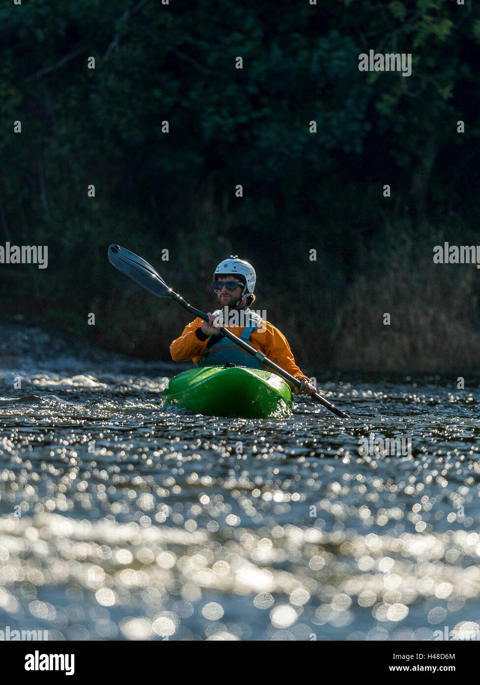 Male adult White Water Kayaking along a River Exe Weir on a bright ...