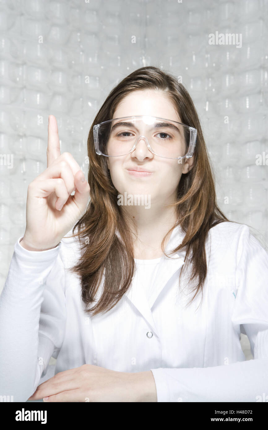 Laboratory, woman, young, safety glasses, gesture, sending of a ...